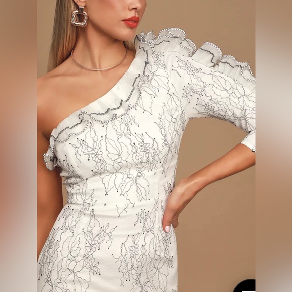 Lulus | Dresses | Friller Queen White Lace Oneshoulder Ruffled Mini ...